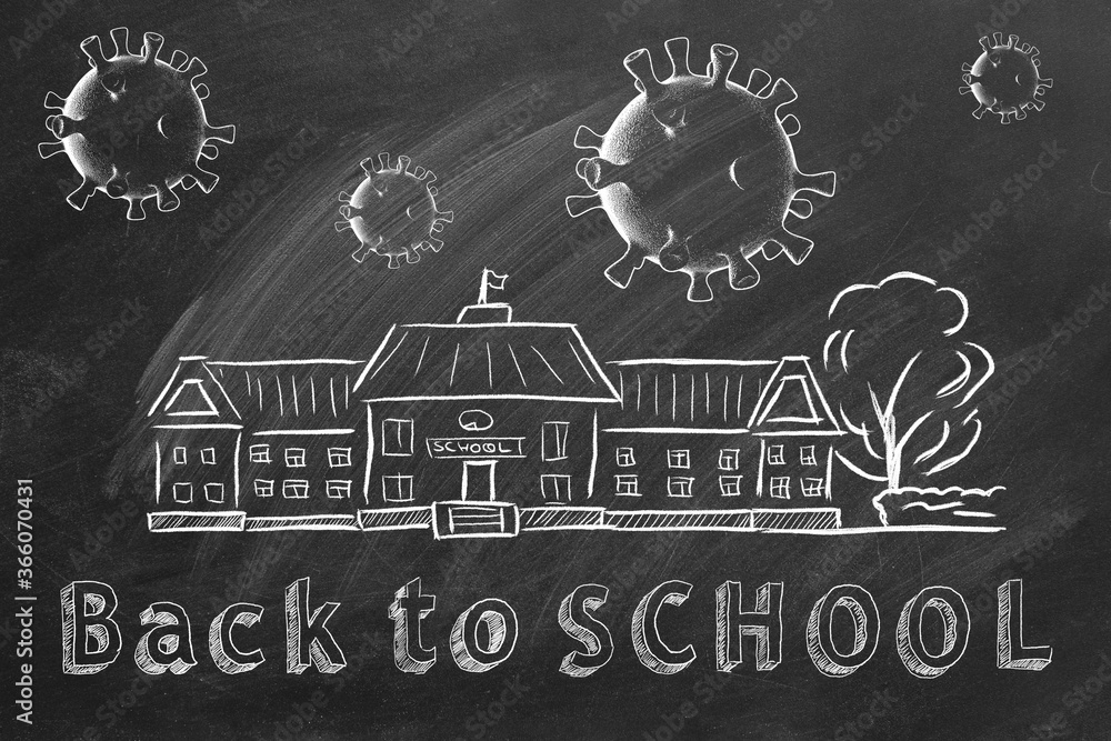 School building, coronavirus cells and lettering Back to School are ...