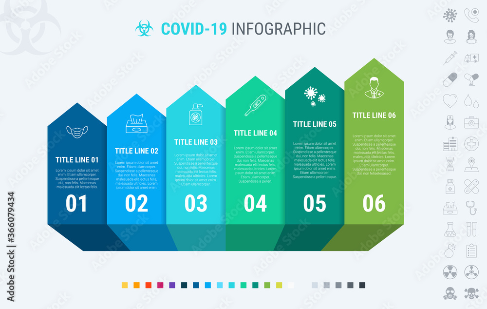 Colorful diagram of covid-19 infographic template. Timeline with 6 ...