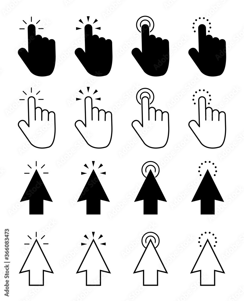 Click Icon Set Vector Mouse Pointer Computer Cursor For Web App Here Point Flat Hand Click