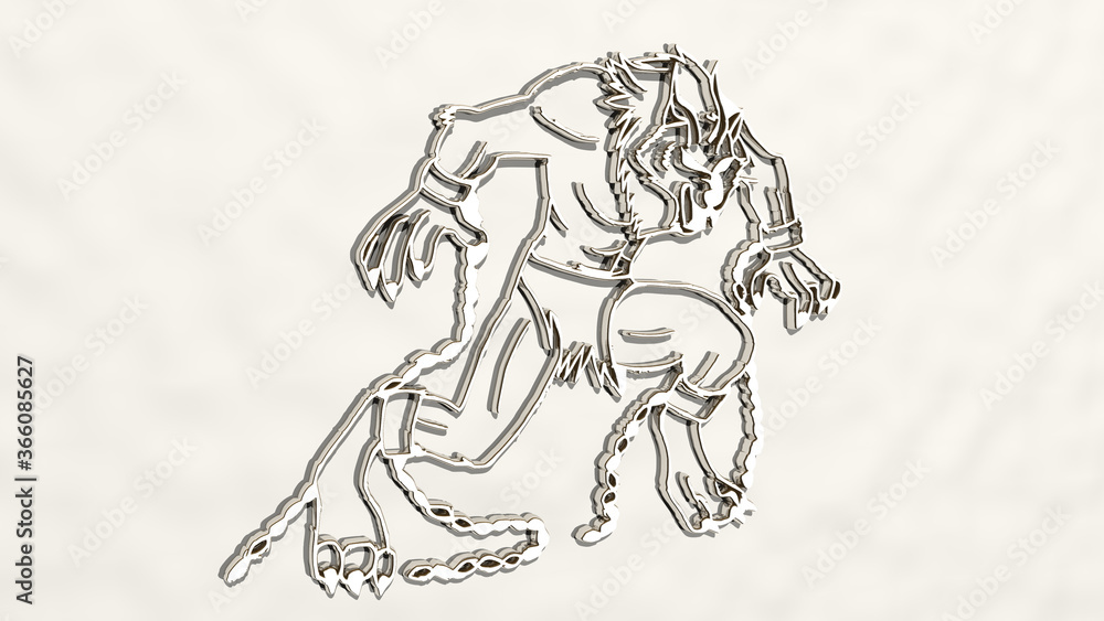 monster in shackles made by 3D illustration of a shiny metallic ...