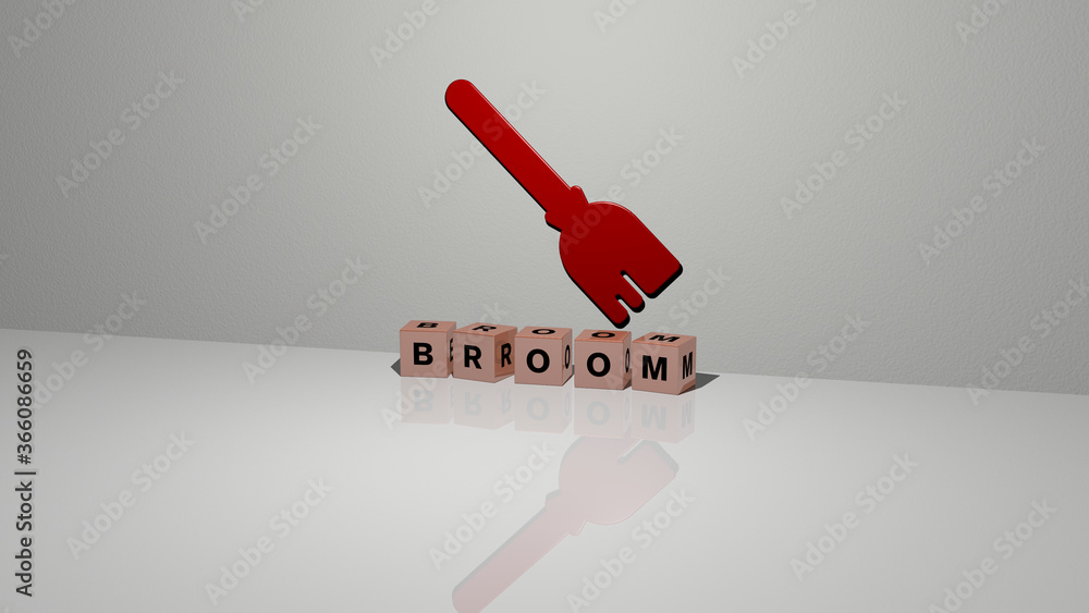 3D illustration of broom graphics and text made by metallic dice ...