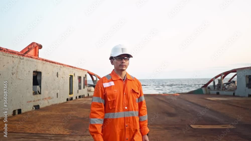Filipino deck Officer on deck of vessel or ship , wearing PPE personal ...