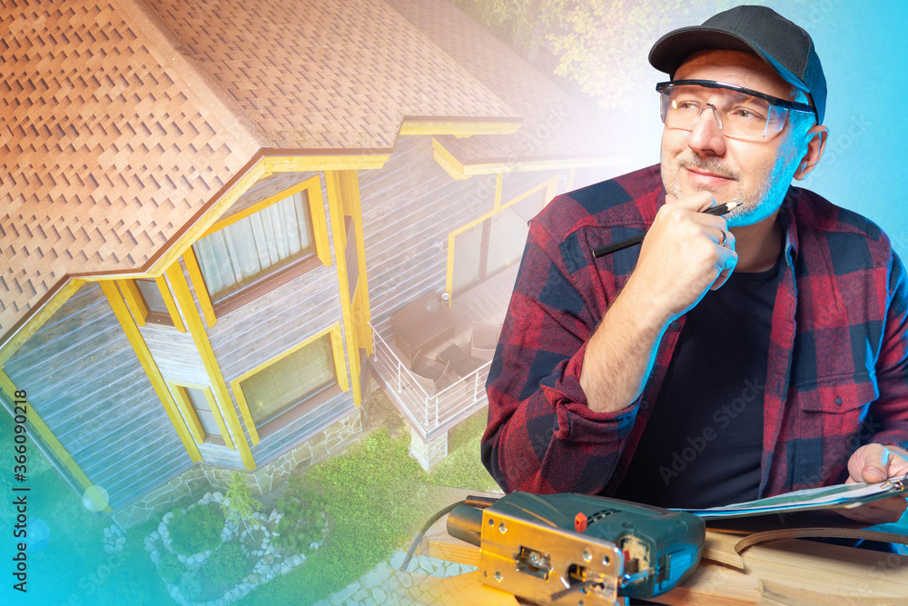 Carpenter represents a house. Man dreams of his own housing. Electric ...