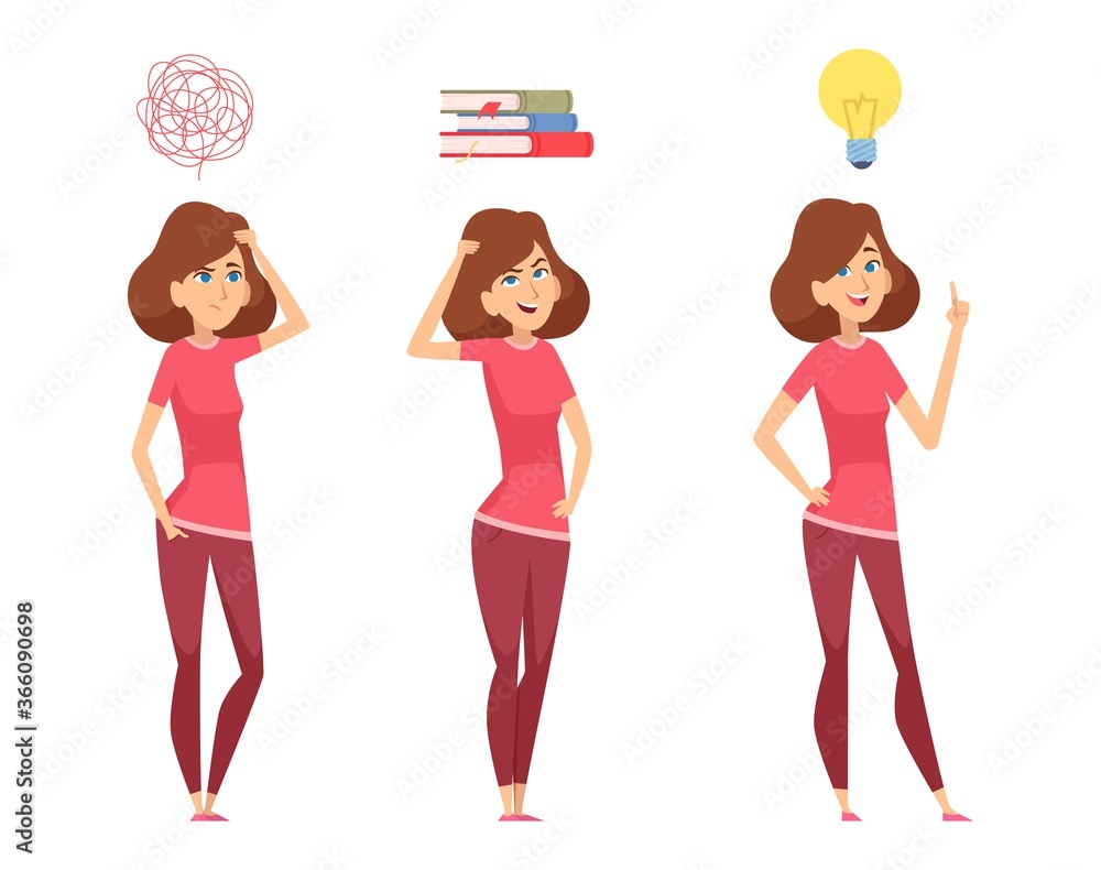 Woman find solution. Thinking girl, isolated female looking for answers ...