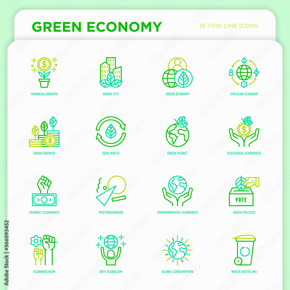 Green economy thin line icons set: financial growth, green city, zero ...