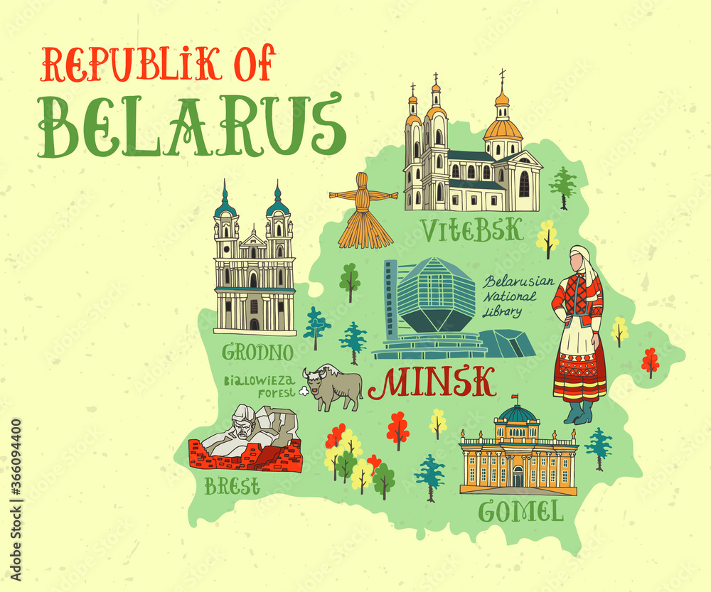 Illustrated map of the Republic of Belarus. National and cultural ...