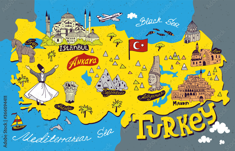 Illustrated cartoon map of Turkey. National and cultural landmarks ...