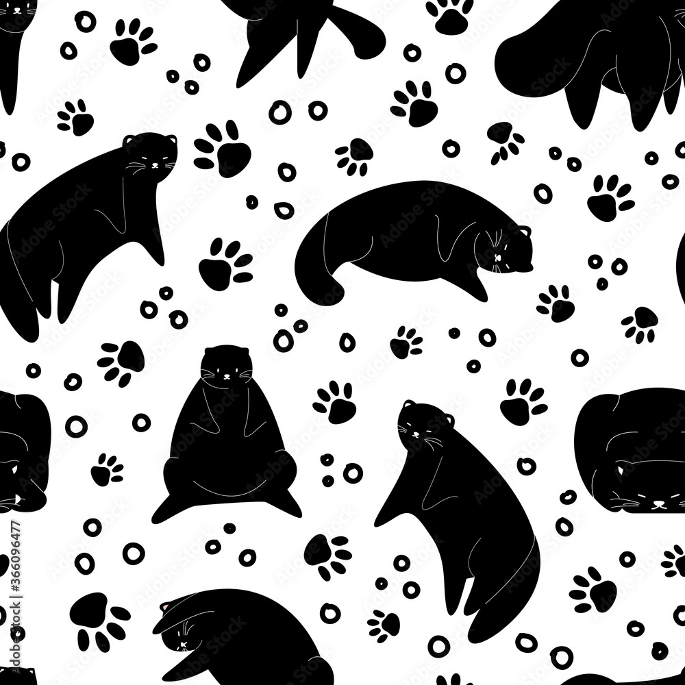 Pattern of drawn black fat cats in the style of doodles. Cute animals ...