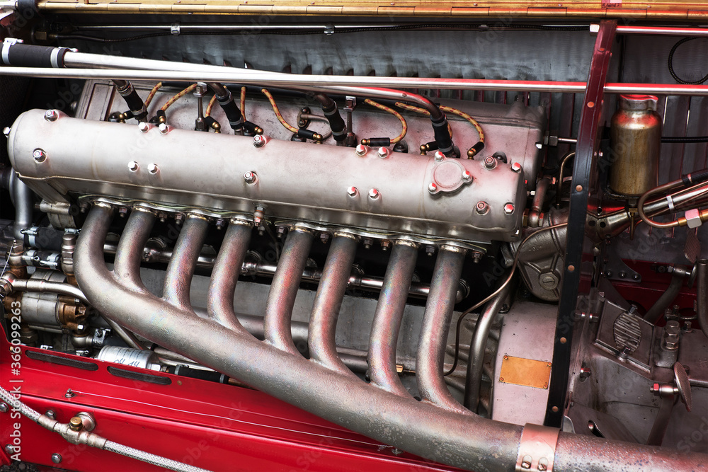 Old car engine, engine of an old car, supercharger of old muscule car ...