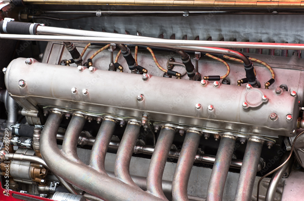 Old car engine, engine of an old car, supercharger of old muscule car ...