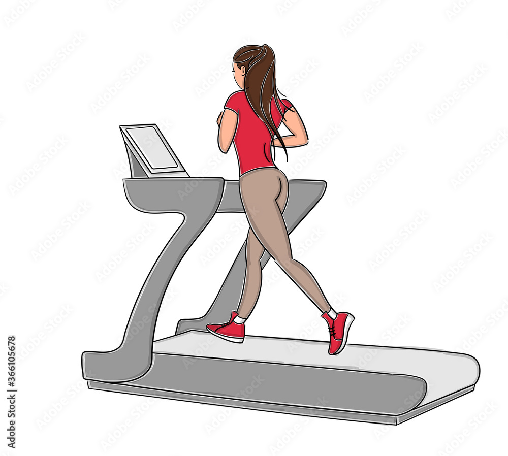 Athletic woman engaged in the simulator treadmill. Hand drawn. Fitness ...