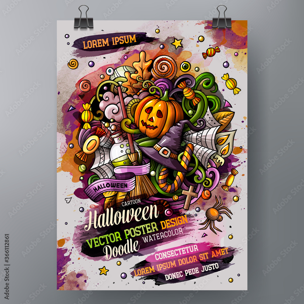Cartoon hand drawn watercolor doodles Halloween poster design template ...