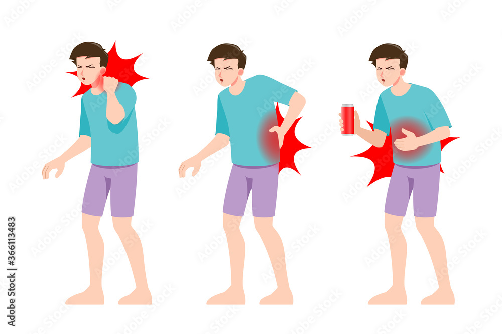 Set of man feel pain in different parts of body. People in migraine ...