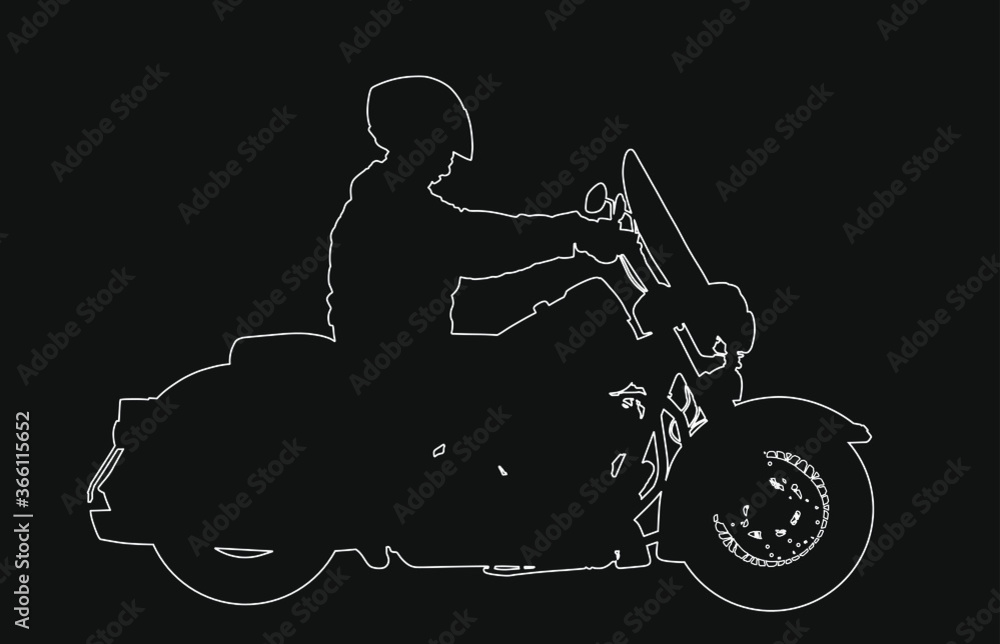Biker driving a motorcycle rides on asphalt road vector line contour ...