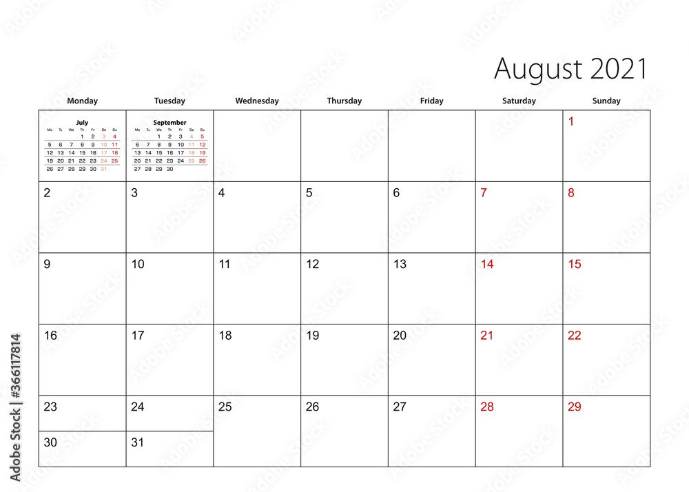August 2021 simple calendar planner, week starts from Monday. Stock ...