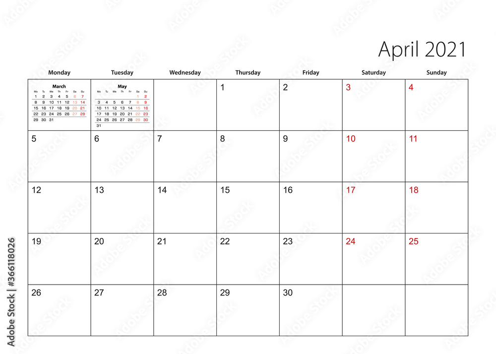 April 2021 simple calendar planner, week starts from Monday. Stock ...