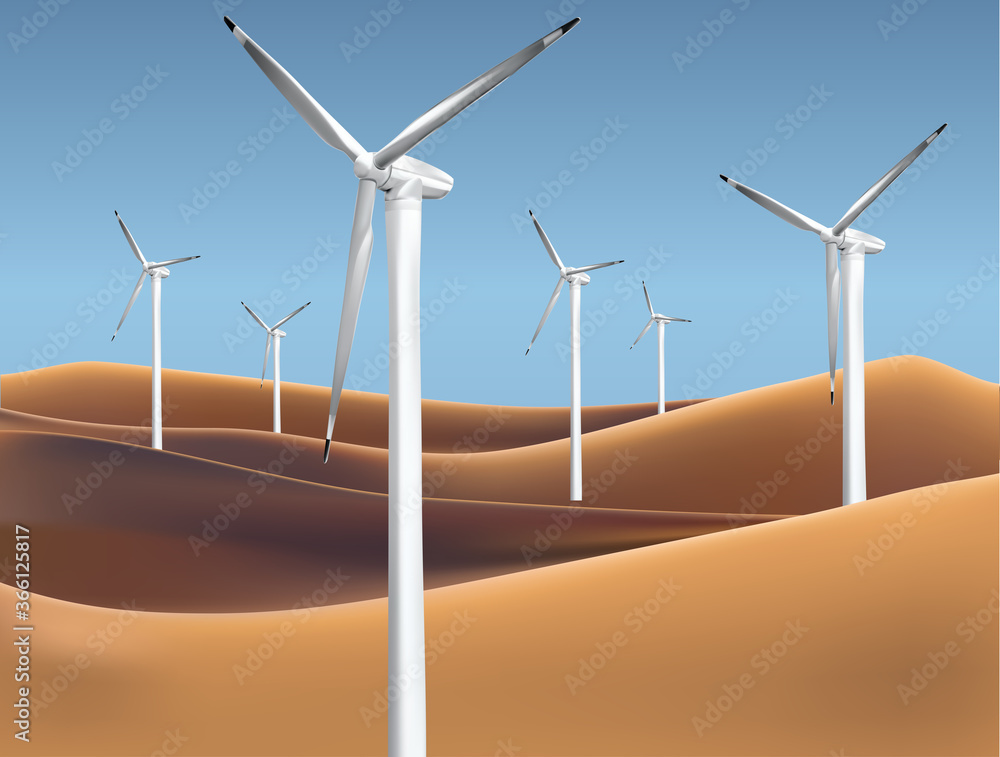 Realistic vector illustration of wind farm in desert landform Stock ...