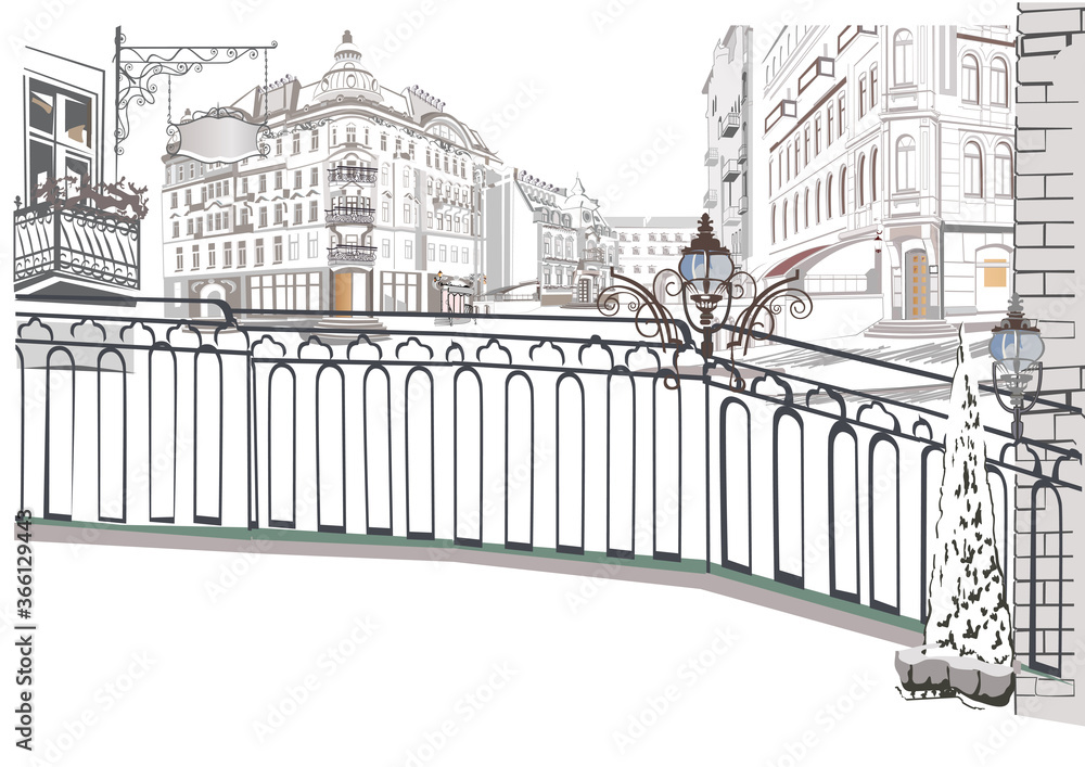 Series of street views in the old city. Hand drawn vector architectural ...
