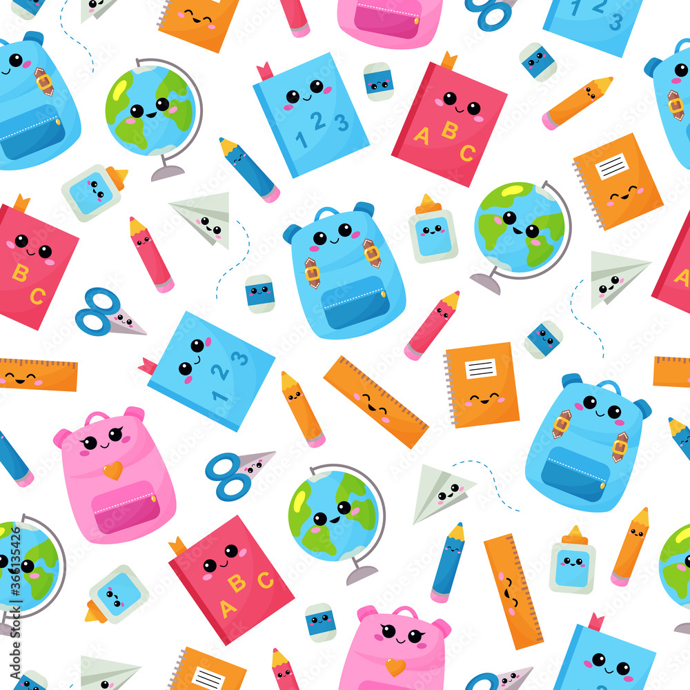 Kawaii childish seamless pattern. Back to school. Funny cartoon ...