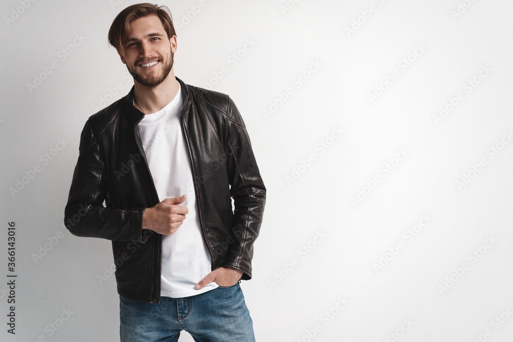 Fashion man, Handsome serious beauty male model portrait wear leather ...