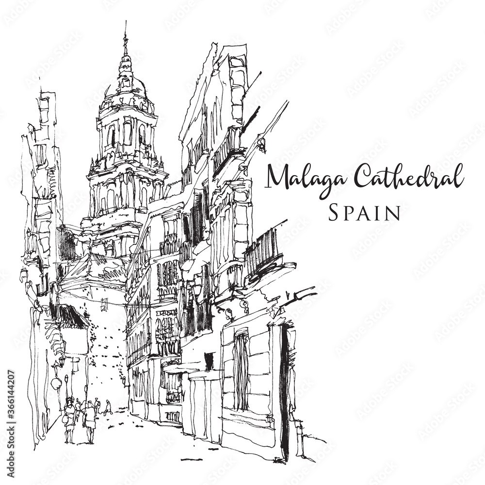 Drawing sketch illustration of Malaga Cathedral Stock Vector | Adobe Stock
