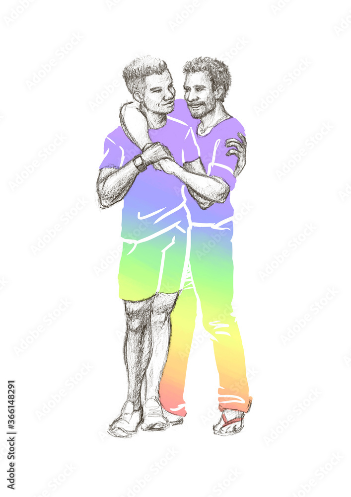 Gay couple standing and hugging, hand drawn sketch with digitally added ...