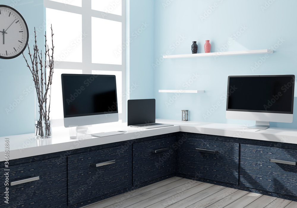 Workspace at home with a desktop computer 3d rendering mockup.Modern ...