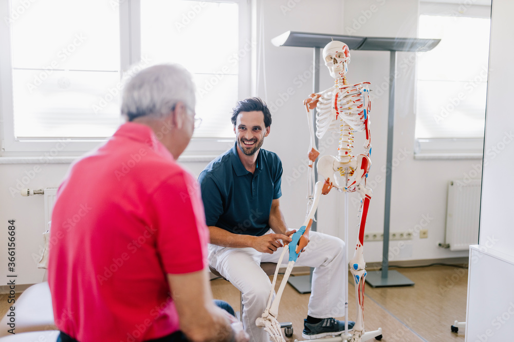 Physiotherapist explaining treatment to patient, using skeleton Stock ...