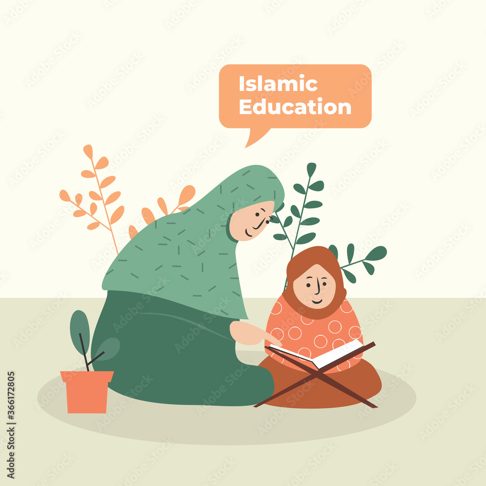 vector illustration of islamic education - muslim student dan teacher ...