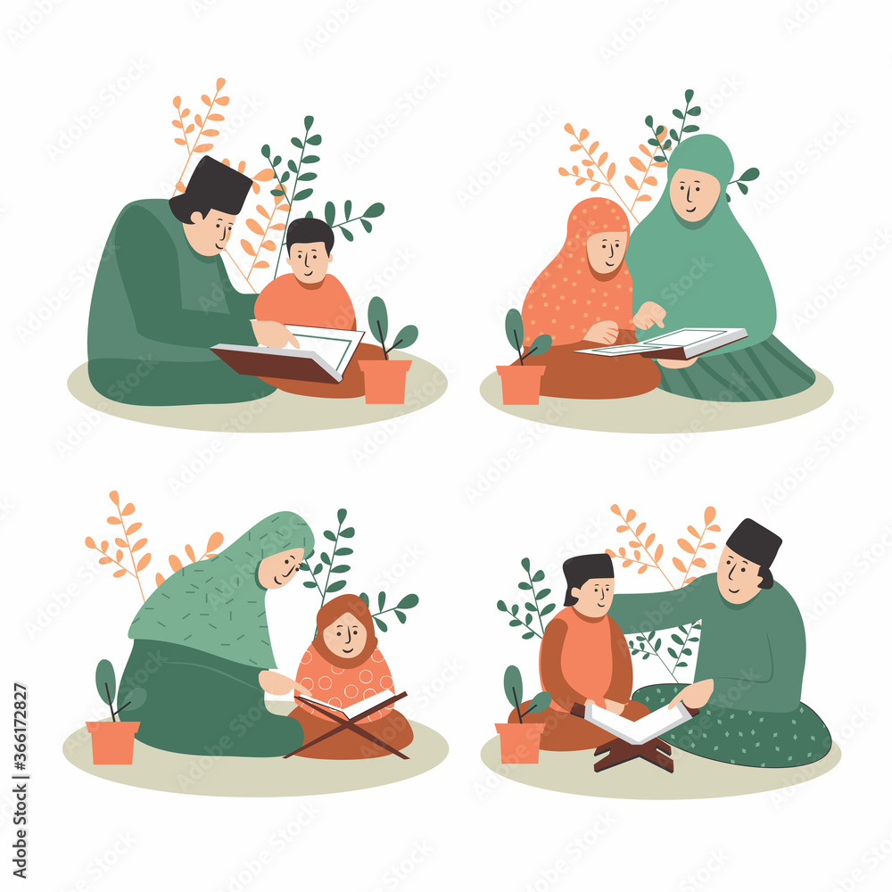 vector illustration pack of islamic education - muslim student dan ...