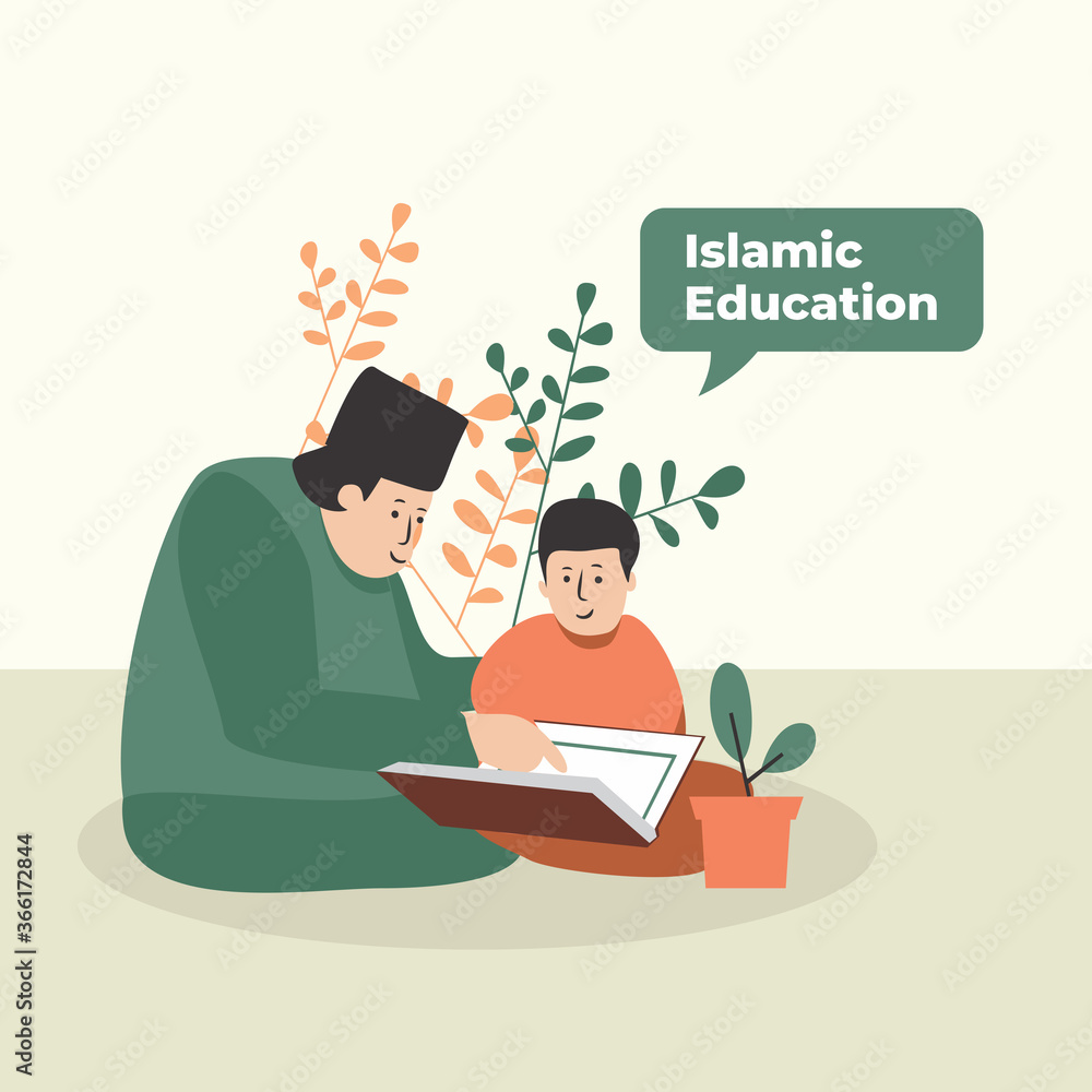 vector illustration of islamic education - muslim student dan teacher ...
