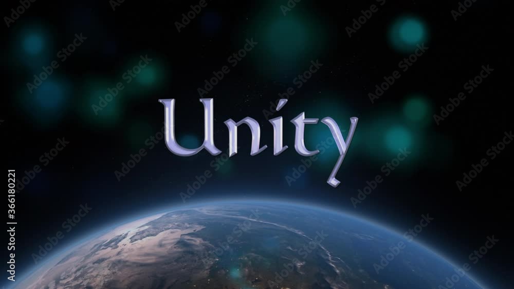 Unity. This text in crystal lettering flies in over glowing spinning ...