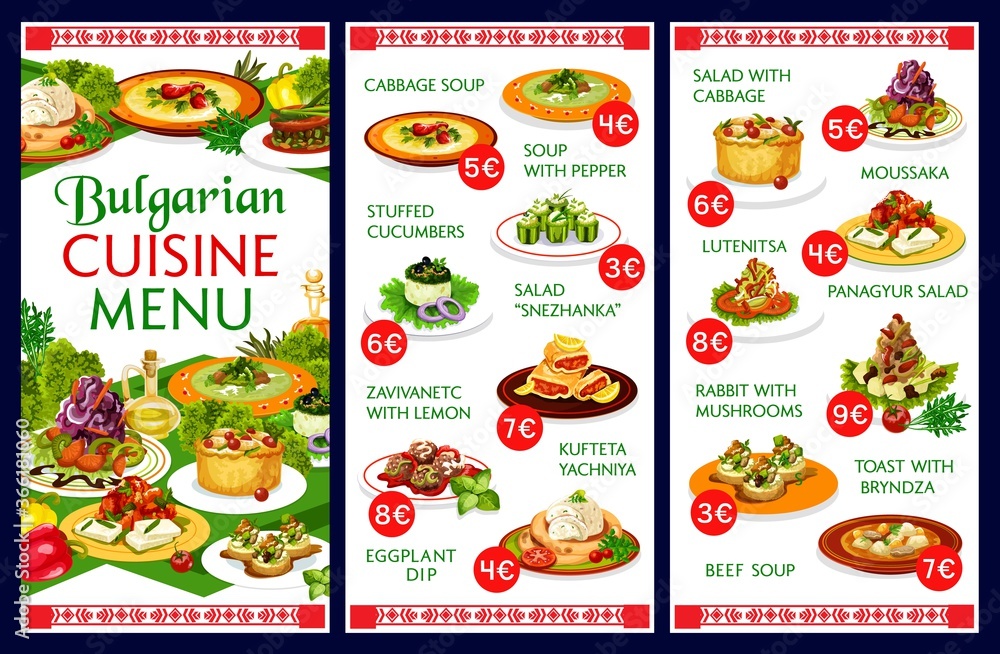 Bulgarian restaurant menu vector template of traditional cuisine food ...
