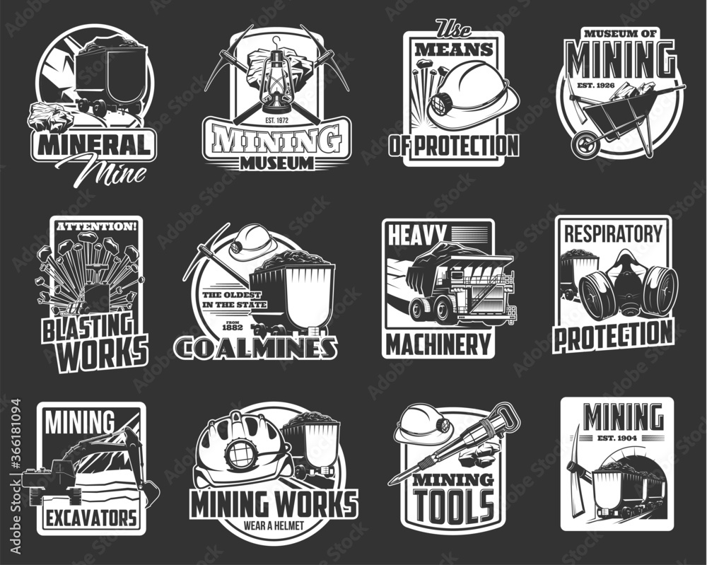 Mining industry isolated vector icons with miner tools and coal mine ...