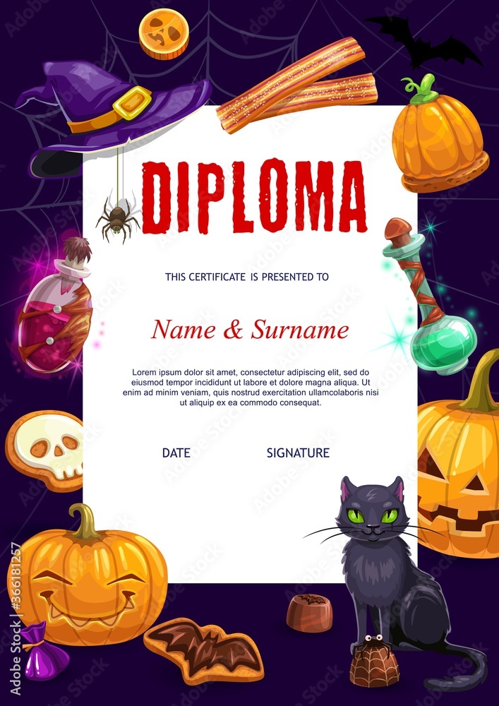 Kids diploma with Halloween vector characters and items bat, black cat ...