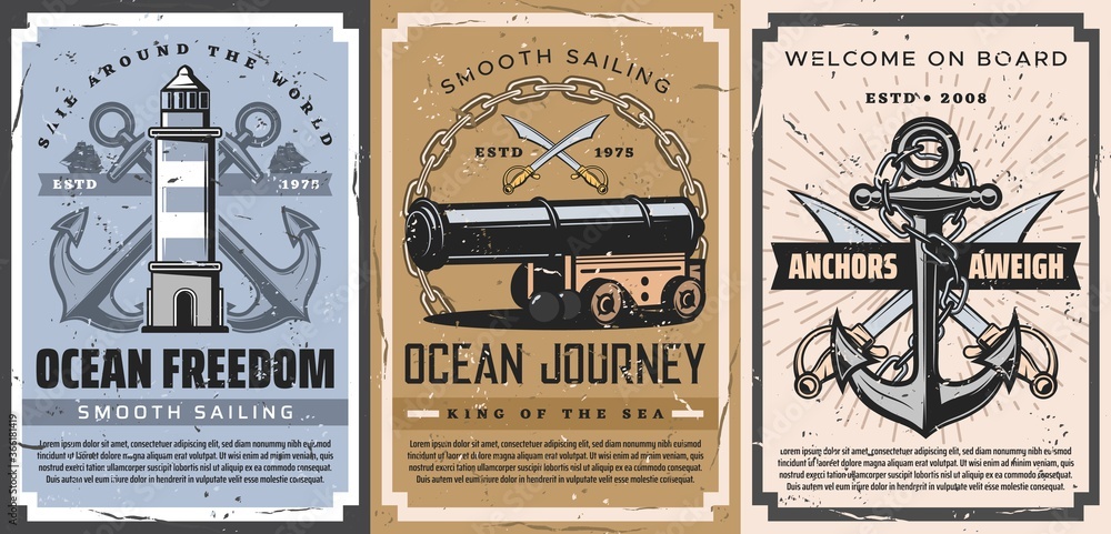 Nautical anchor and sailboat retro posters of vector sailing sport ...