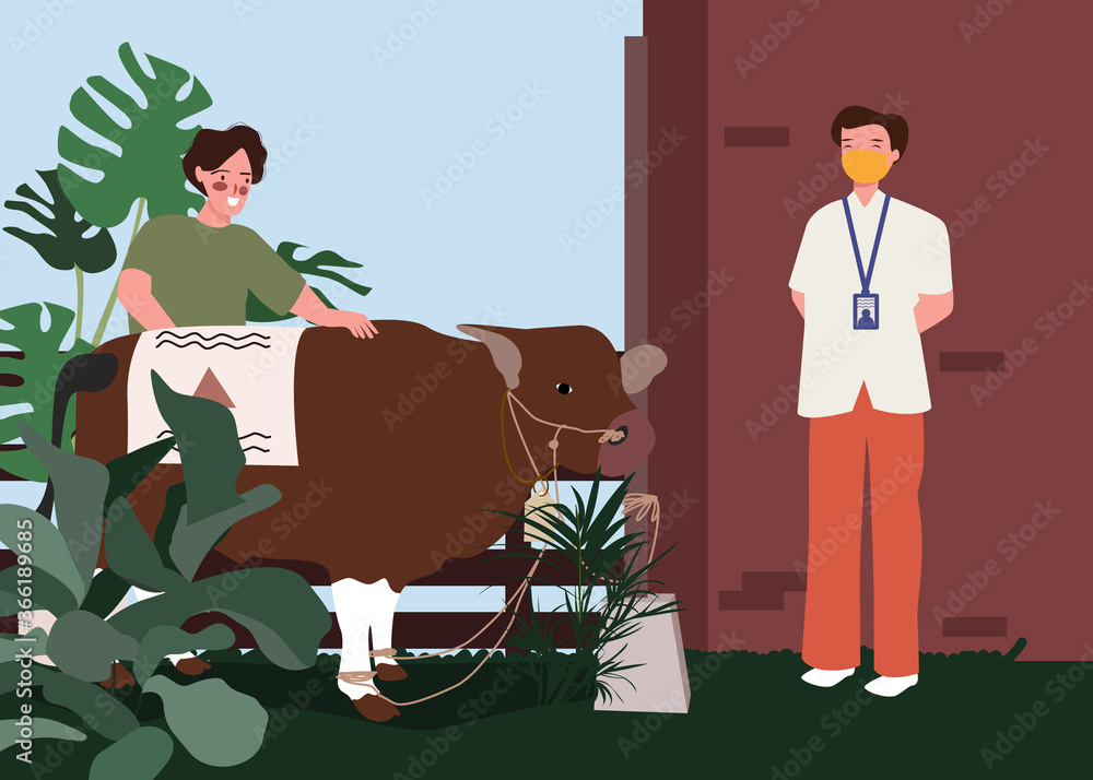 Man carrying cow to vet for medical examination with flat cartoon style ...
