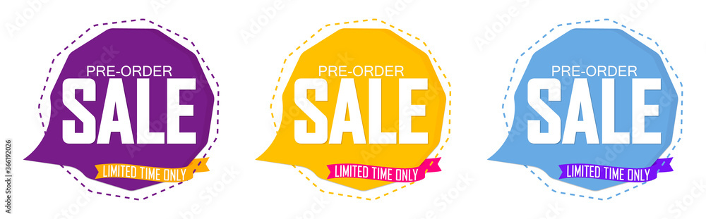 Set Pre-Order Sale speech bubble banners design template, discount tags ...