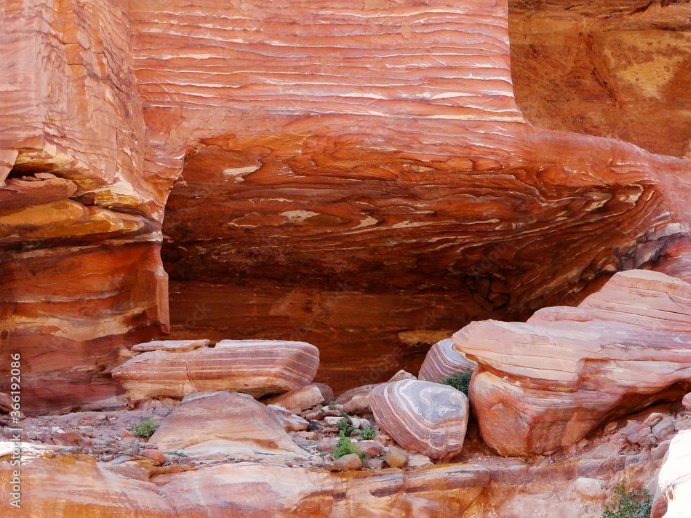 Natural colorful rock section in Petra, Raqmu, an UNESCO World Heritage ...