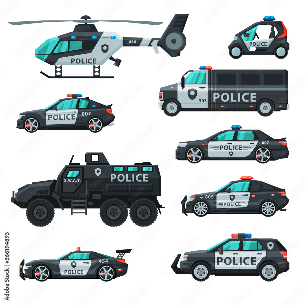 Police Vehicles Collection, Emergency Patrol Transport, Side View Flat ...