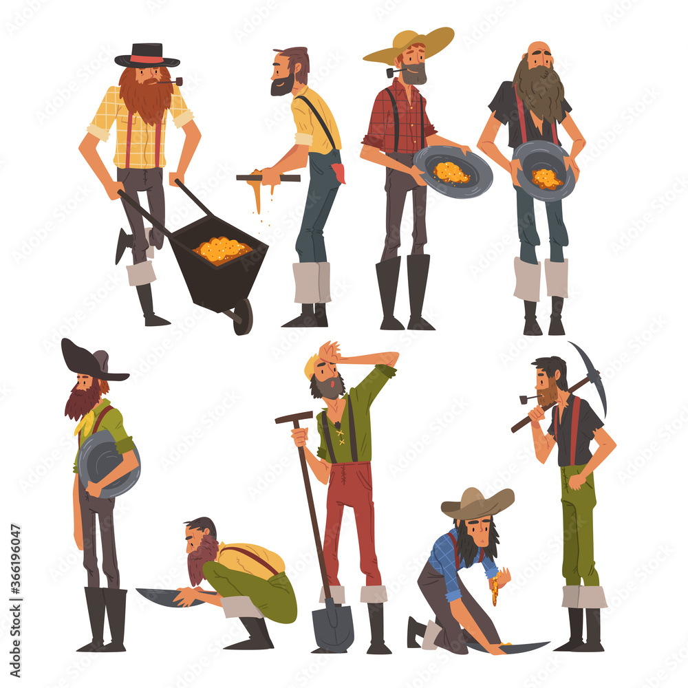 Male Prospectors Characters Set, Bearded Gold Miners Wild West ...