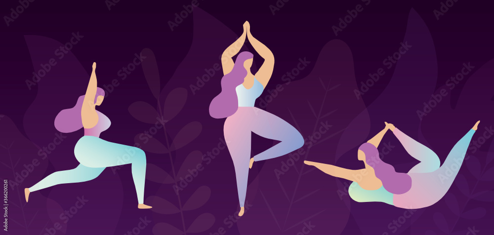 Beautiful plus size woman doing yoga exercise vector illustration. Love ...
