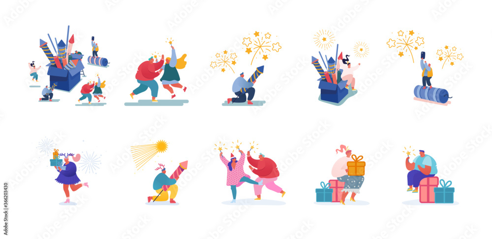 Set Male and Female Characters Enjoying Fireworks Show. Happy Men and ...