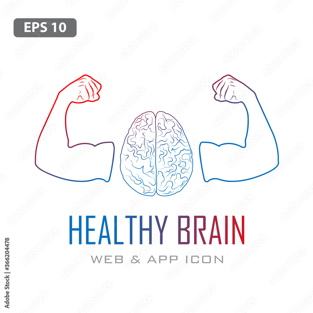 Human Brain with strong bicep hands of bodybuilder. Power Brain emblem ...