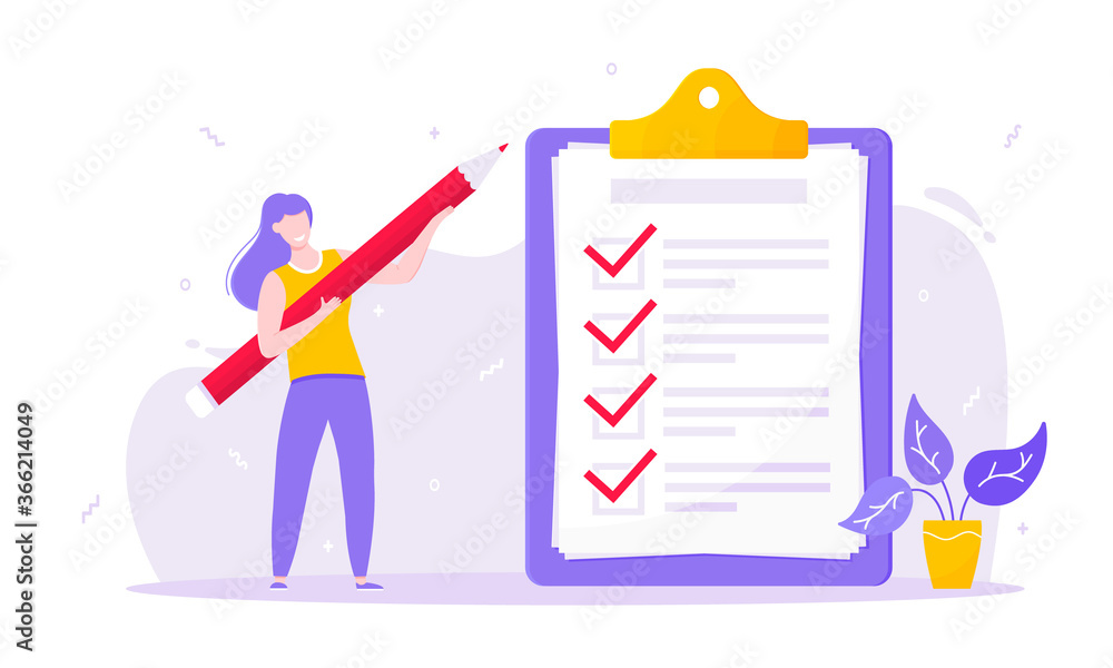 Task done business concept tiny person, pencil nearby giant clipboard ...