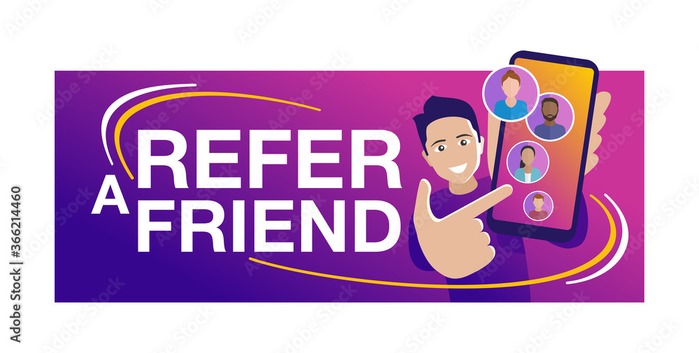 Refer a friend - banner for referral program - young man holding phone ...