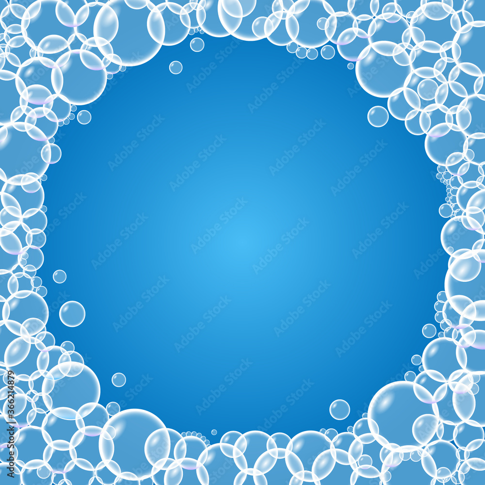 Soap bubbles frame with airy foam on blue gradient background. Realistic water bubbles. Border ...