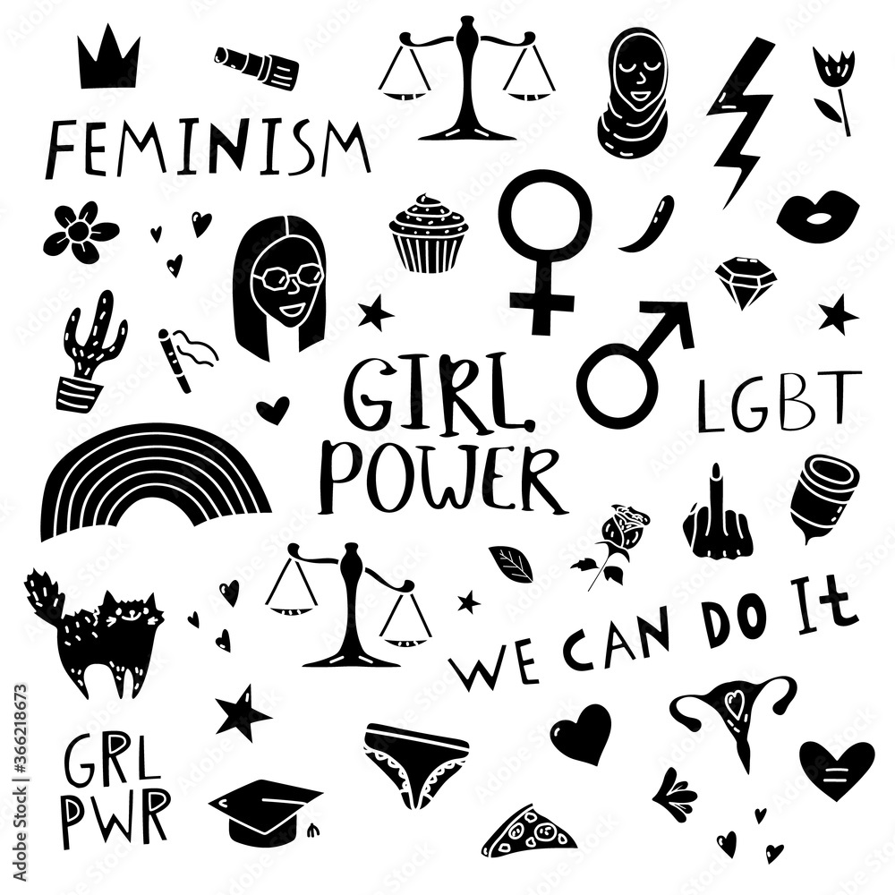 Big simple feminism set with protest symbols and text. Vector black ...