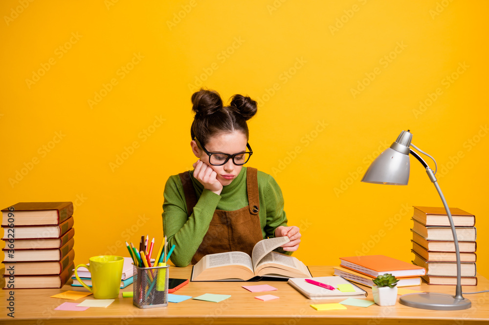 Portrait of her she attractive bored focused brainy girl nerd reading ...