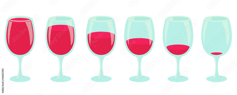 Drinking process. Different amount of drink. Set of glasses with red ...
